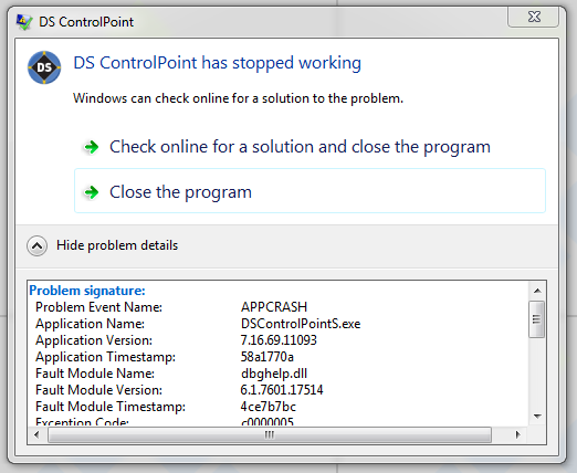 Updating DS ControlPoint to version 7.16 crashes when bringing up video.