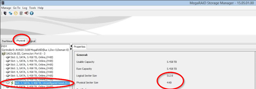 RAID controller of VxStorage hardware doesn't support different sector ...