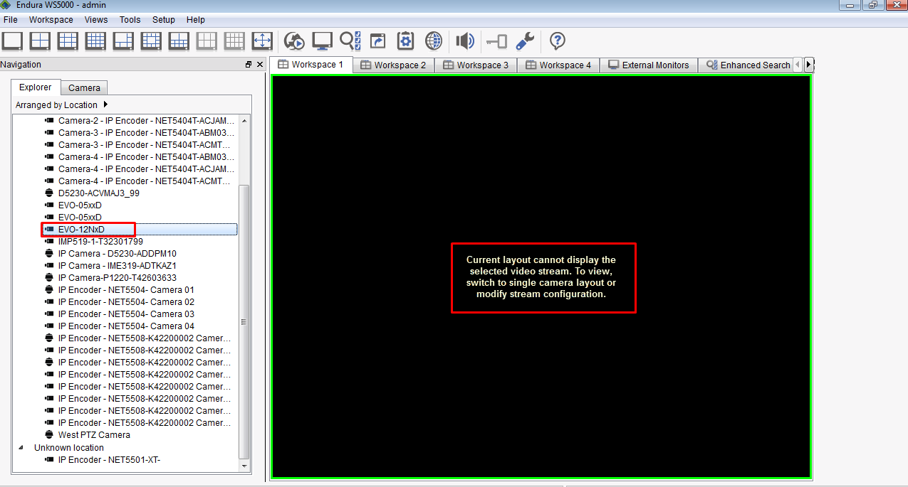 Endura Workstation displays the message "Current layout cannot display ...