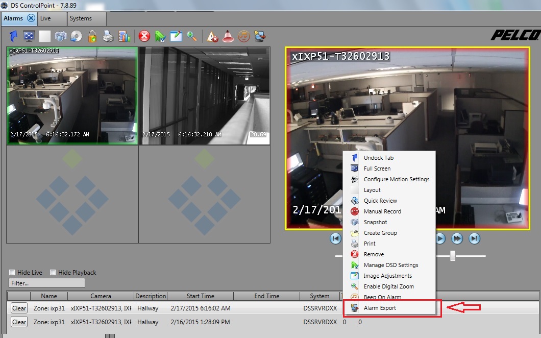 How do you enable the "Alarm Export" feature on DS control point.