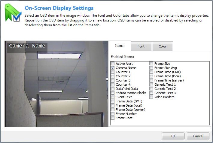 DS ControlPoint's On-Screen Display (OSD) options for a camera.