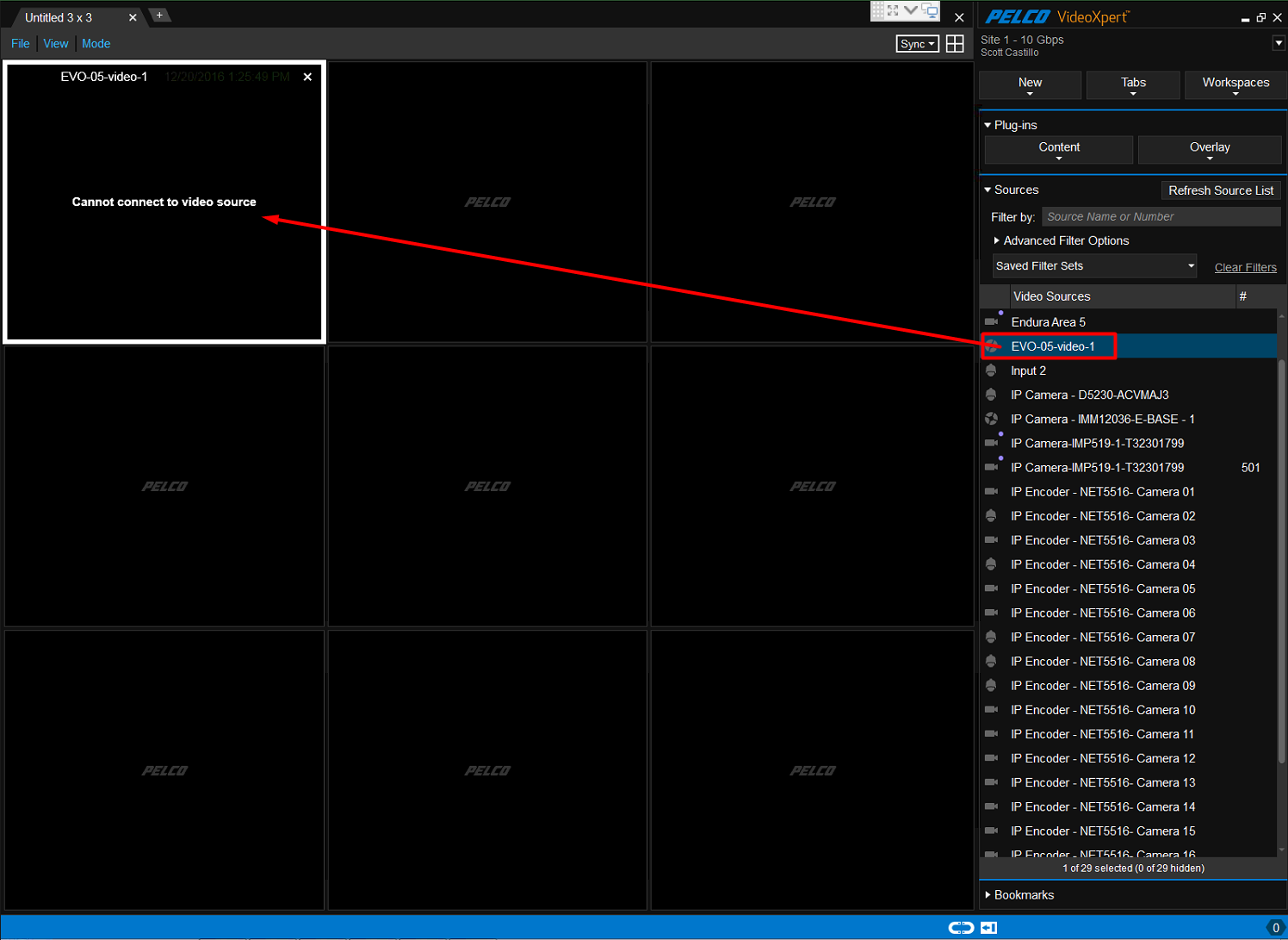 VideoXpert: EVO-05 displays black video in Ops Center 3 x 3 View