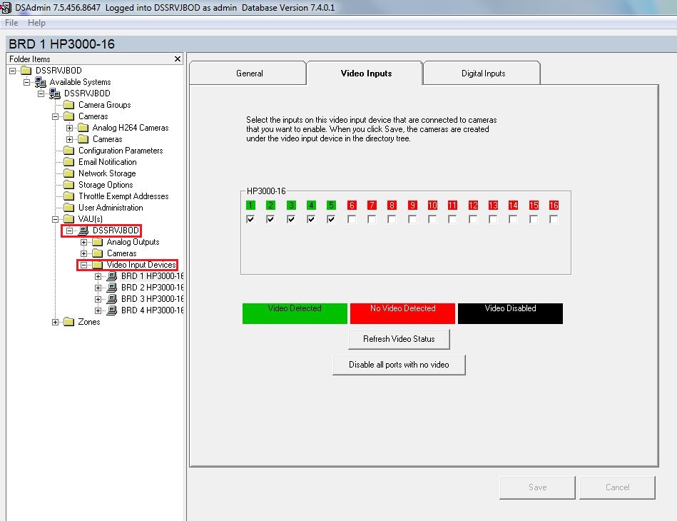 Enable or Disable an analog video input in the Digital Sentry software.