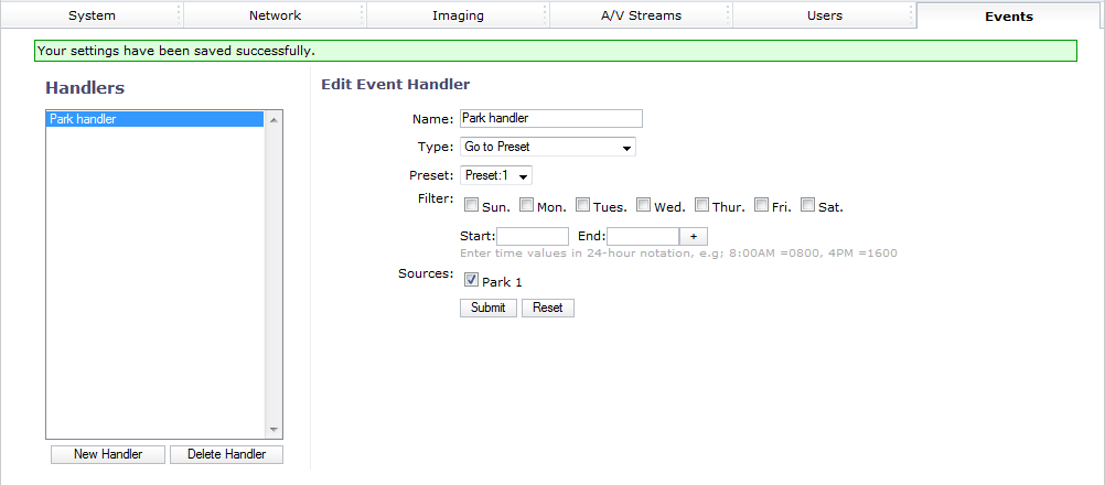 Configure a Park Action on a Spectra Enhanced or Spectra HD dome.