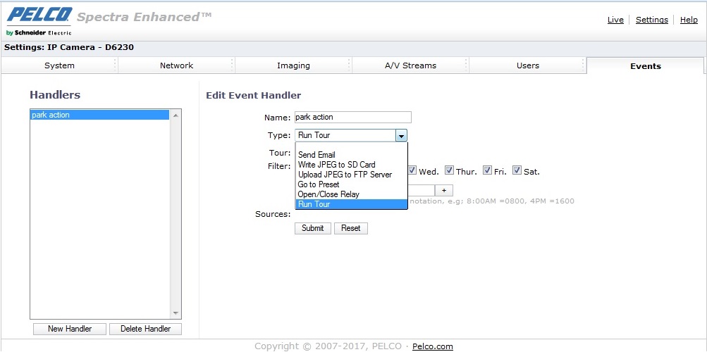 Configure a Park Action on a Spectra Enhanced or Spectra HD dome.