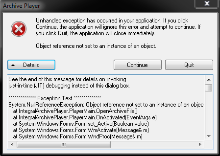 DigitalSENTRY Archive Utility Player errors with unhandled exception "Object reference not set ...