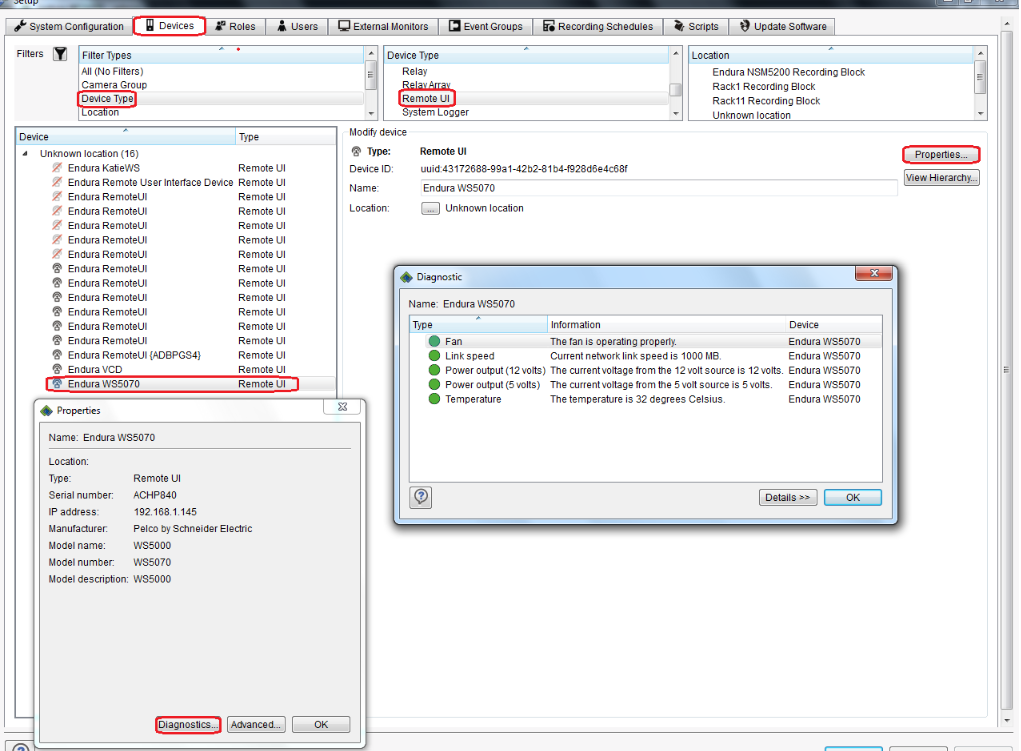 How do I access the Endura WS5000 diagnostics menu?
