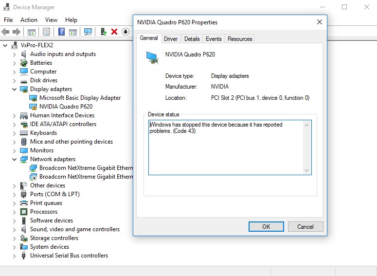 VxPro Flex v2: Nvidia Graphics card is offline with 'Code 43' message ...