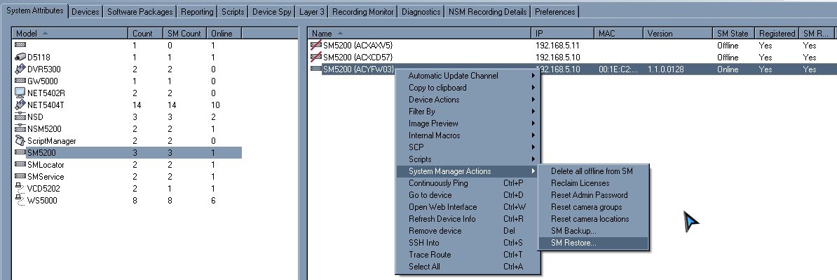 How do I backup or restore the SM5000 or SM5200 System Manager database ...