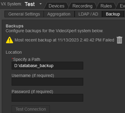 VideoXpert CMG Database Backup Fail