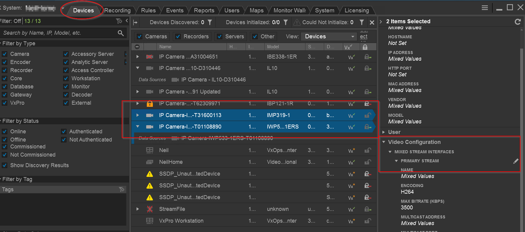 VieoXpert Update the Bit Rates of Multiple Cameras