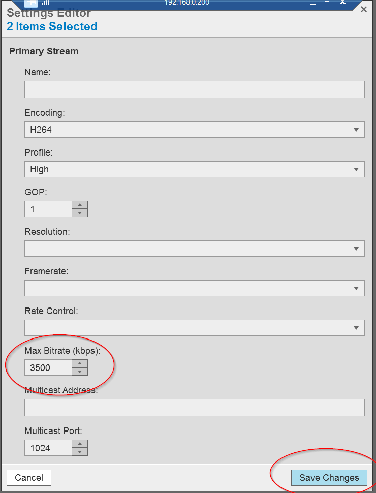 VieoXpert Update the Bit Rates of Multiple Cameras