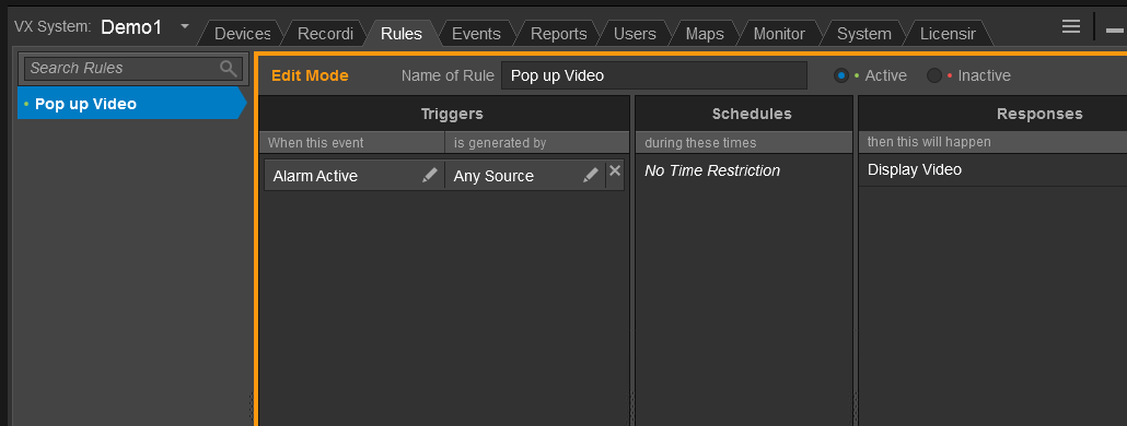 VideoXpert: Popup of Live video in case of Physical Alarm Active.