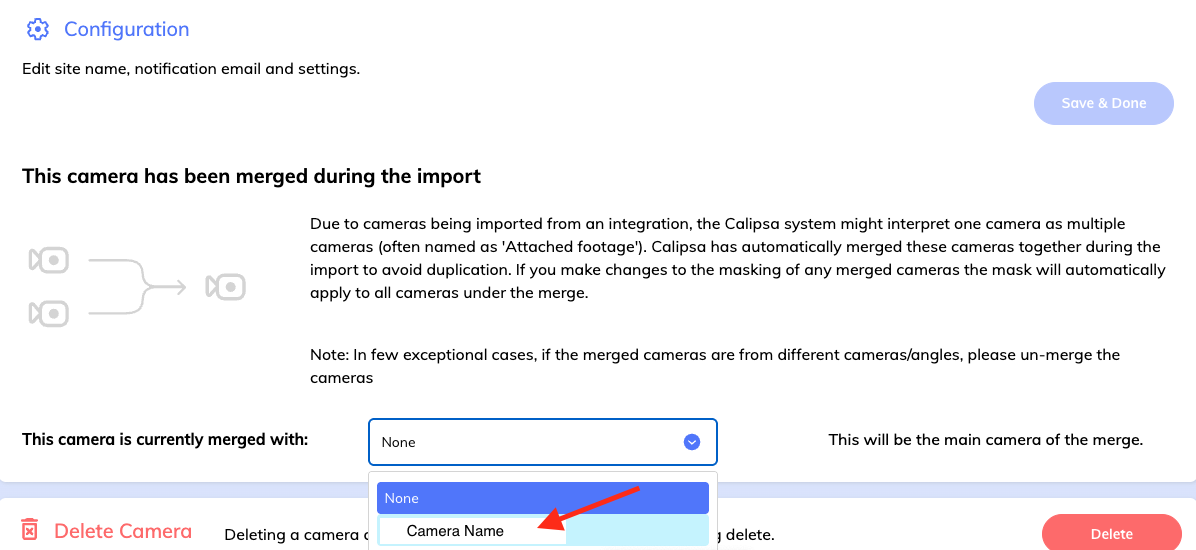 How do I merge Attached Footage cameras in Calipsa?